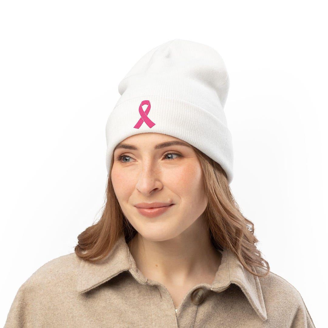 Breast Cancer Awareness Knit Beanie, Embroidered Hat, Supportive Beanie ...
