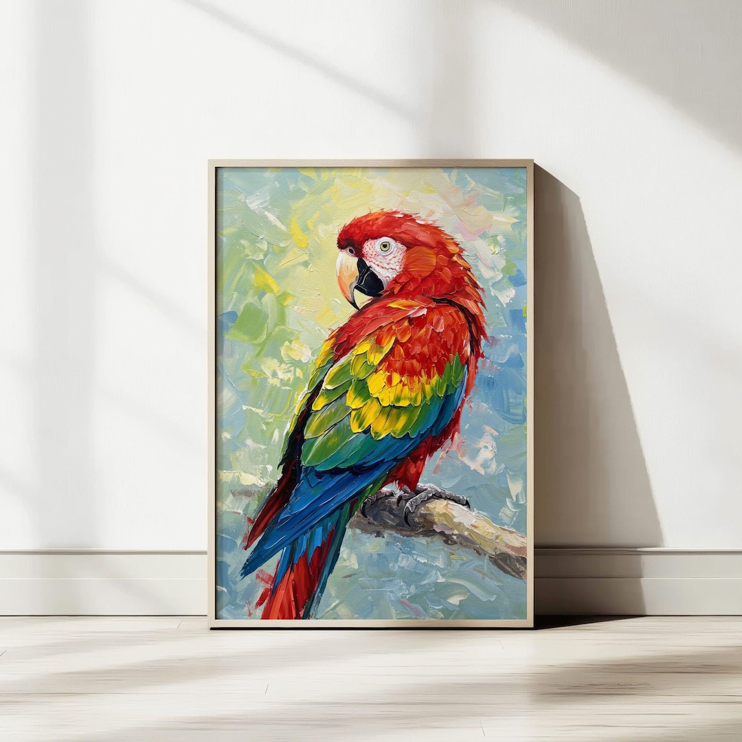 Parrot Wall Art, Colorful Tropical Print, Impasto Macaw Painting ...