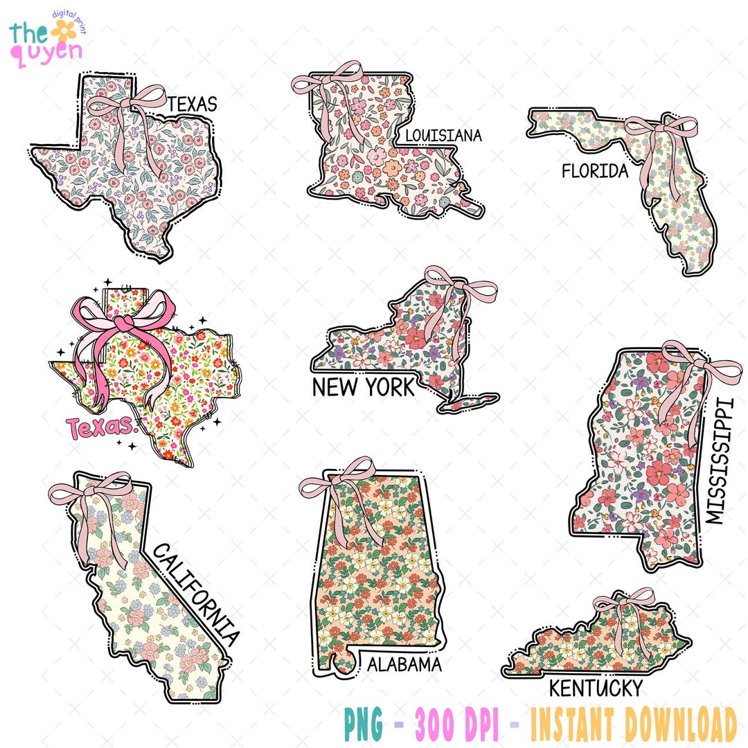 9 Coquette States Preppy Png Bundle, States Colorful Floral States ...