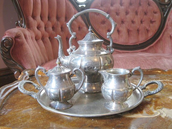 Items similar to Beautiful silver on copper tea set with tray on Etsy