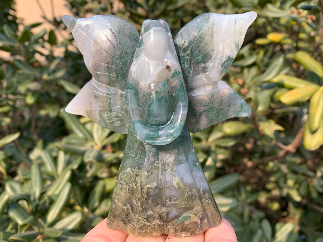 3.9" Natural Hand Carved Moss Agate Crystal: Crystal Quartz Angel Home ...