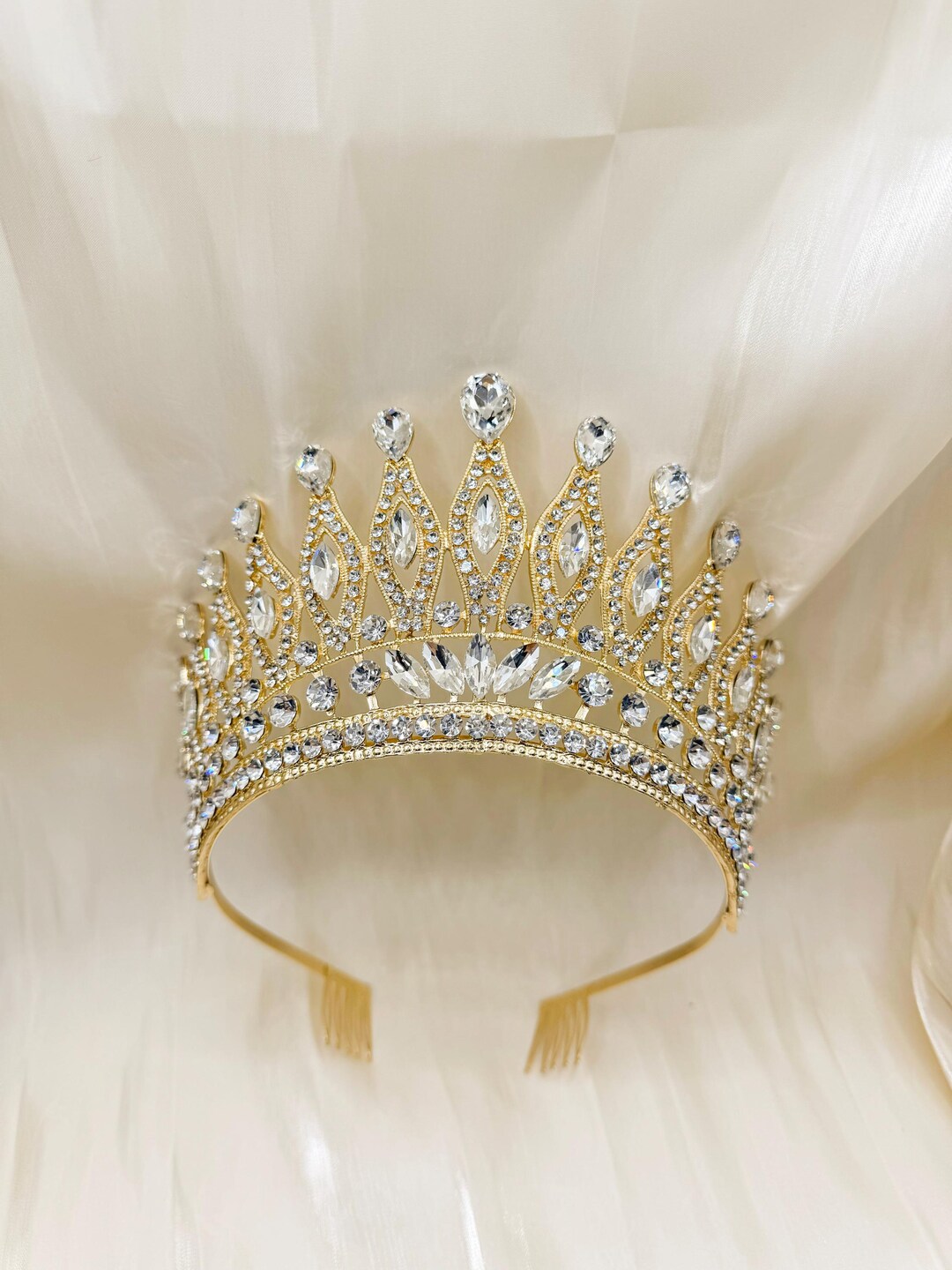 Regal Gold Crystal Queen Crown With Marquise-cut Crystals for Weddings ...
