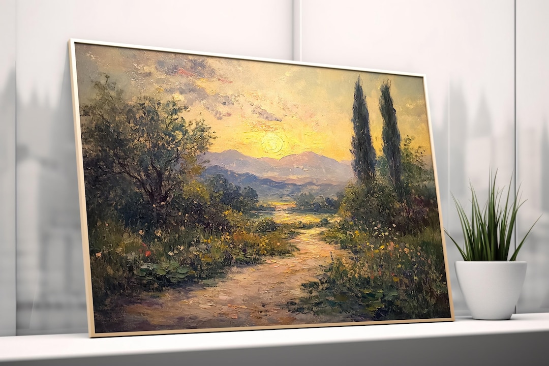 Vintage Claude Monet Style Oil Painting – Sunset Over Mountain Path ...