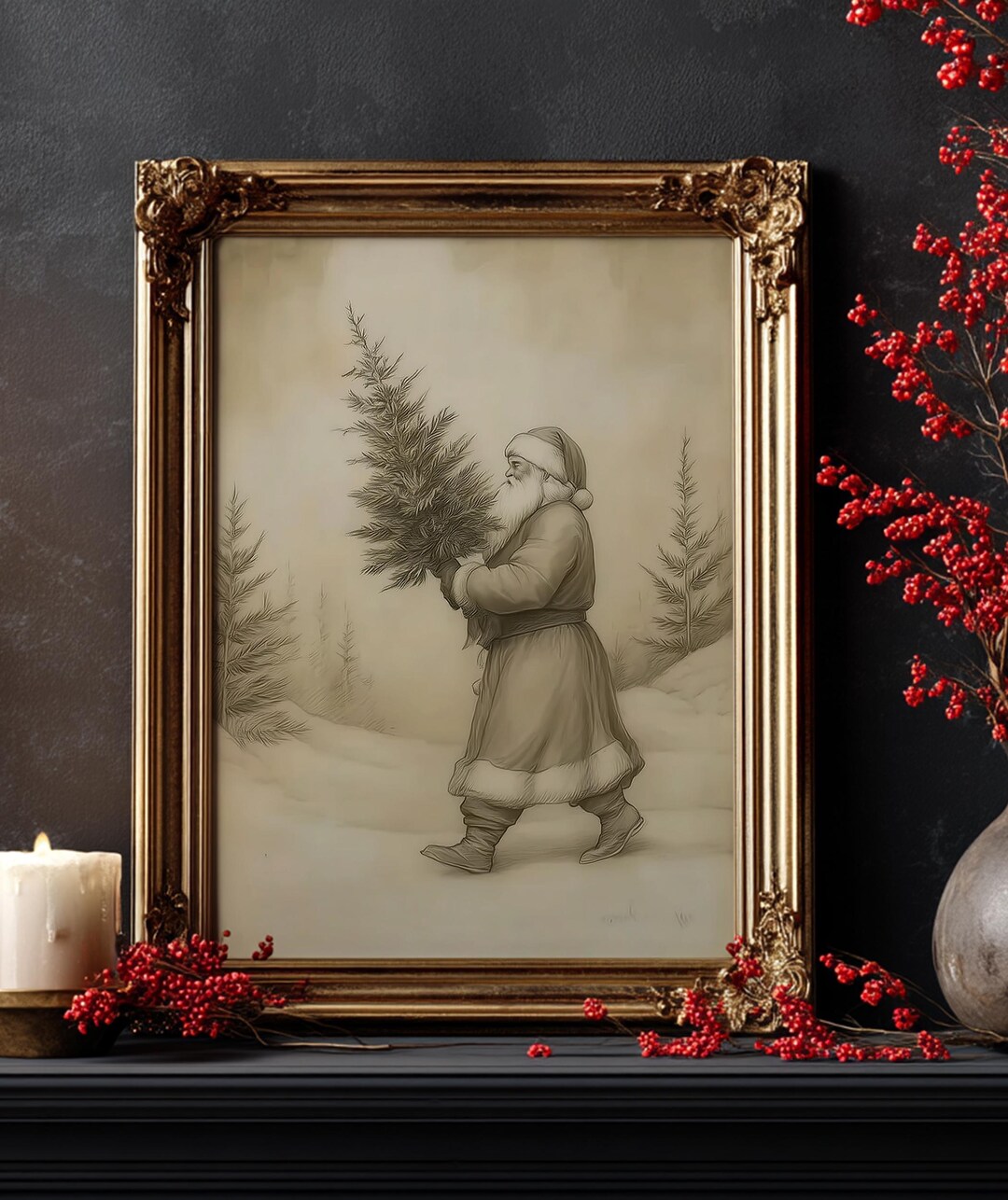 Vintage Santa Forest Drawing: Neutral Christmas Wall Art Print ...