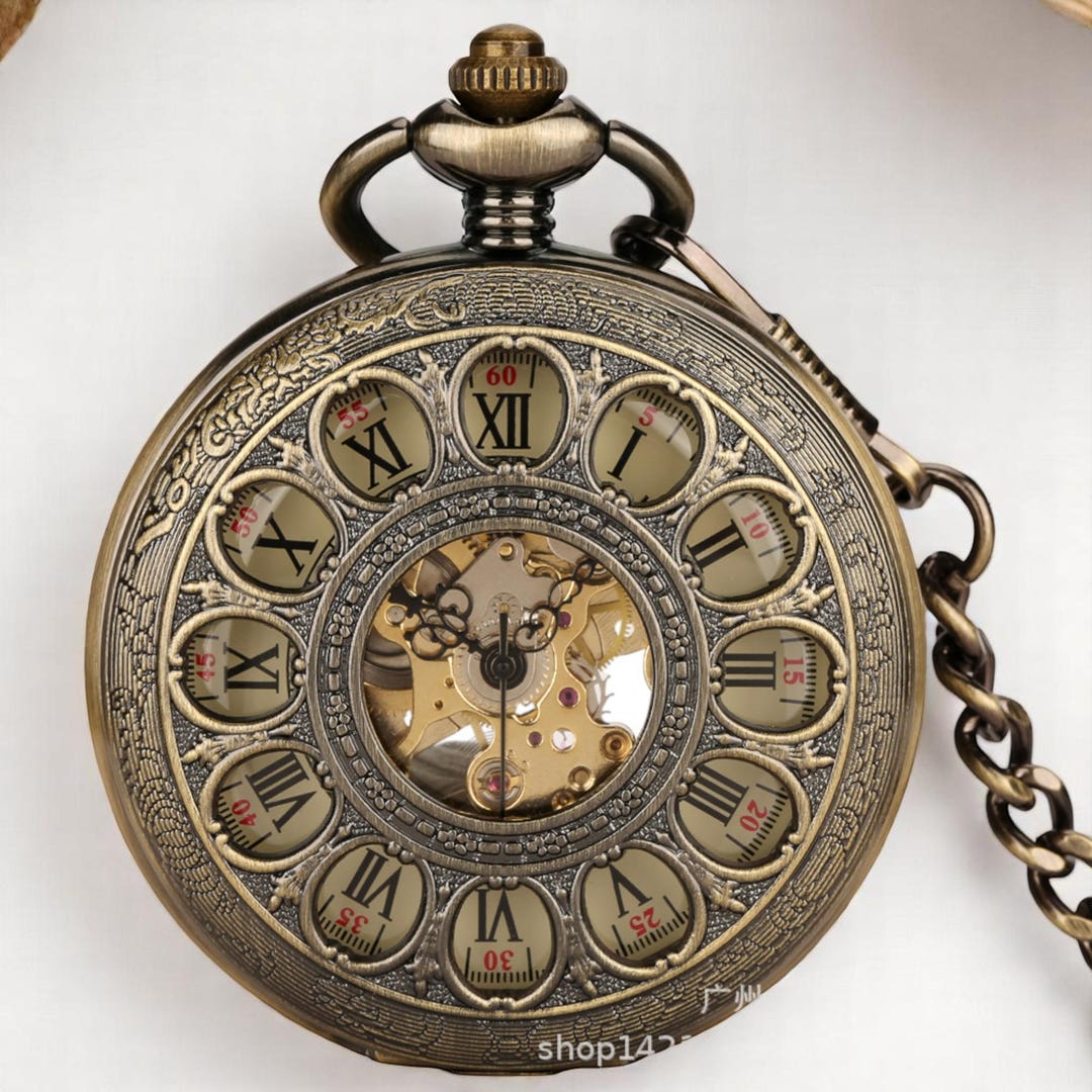 Vintage Skeleton Pocket Watch | Half Hunter Mechanical Bronze Steampunk ...