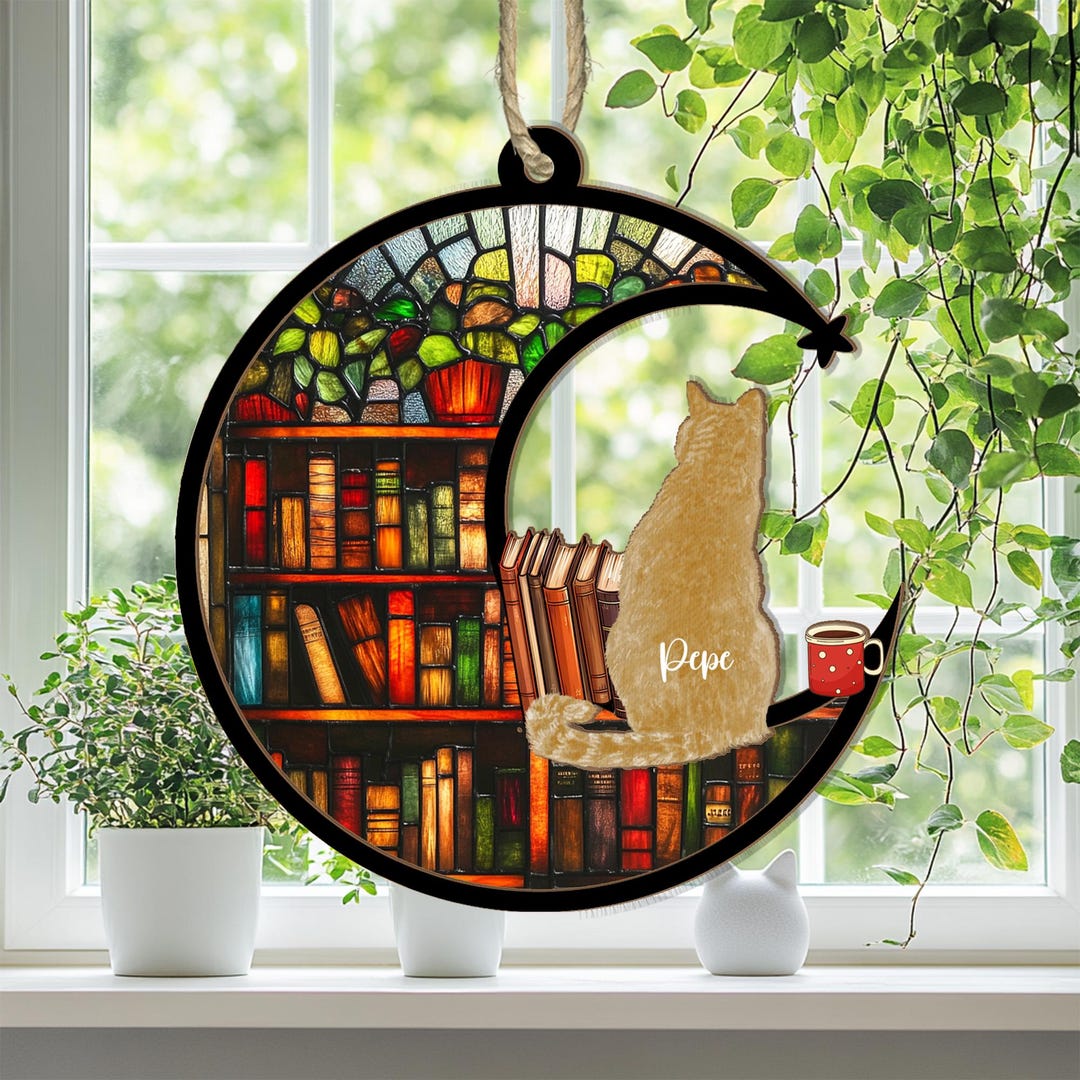 Personalized Cat Book Suncatcher, Custom Reading Cat Suncatcher, Gift ...