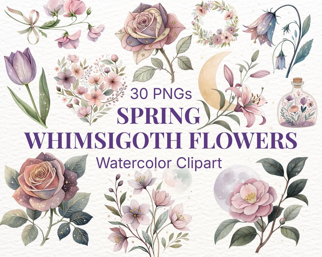 Spring Whimsigoth Flowers Clipart Goth Floral Watercolor PNG Pastel ...