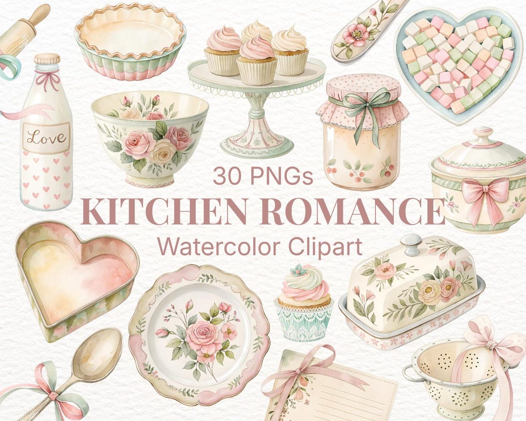 Kitchen Romance Coquette Clipart Vintage Baking Tea Objects Watercolor ...