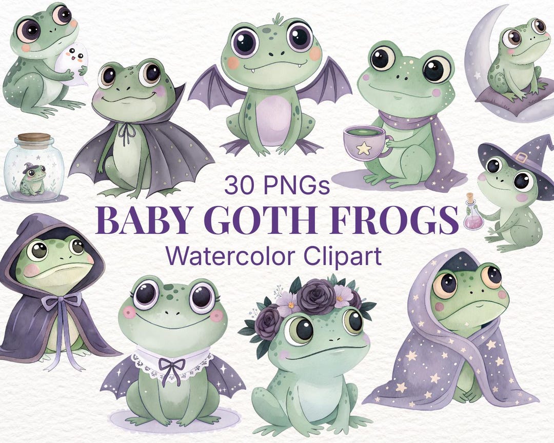 Baby Goth Frogs PNG Clipart Bundle Whimsigoth Creatures Watercolor ...