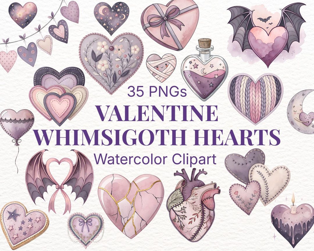 Valentine Whimsigoth Hearts Clipart PNG Pastel Dark Romantic Watercolor ...