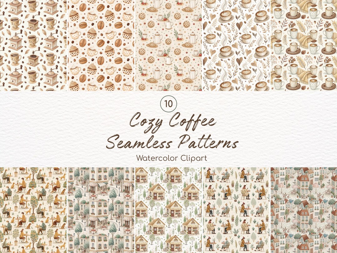 Cozy Coffee Seamless Patterns Bundle Watercolor Clipart Café ...