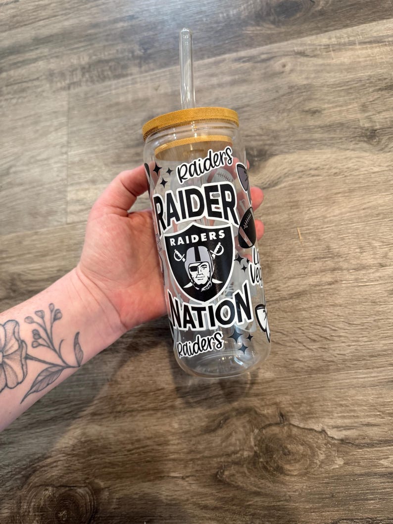 Custom Glass Cup, 20 Oz Glass Can, Las Vegas Raiders Iced Coffee Cup ...