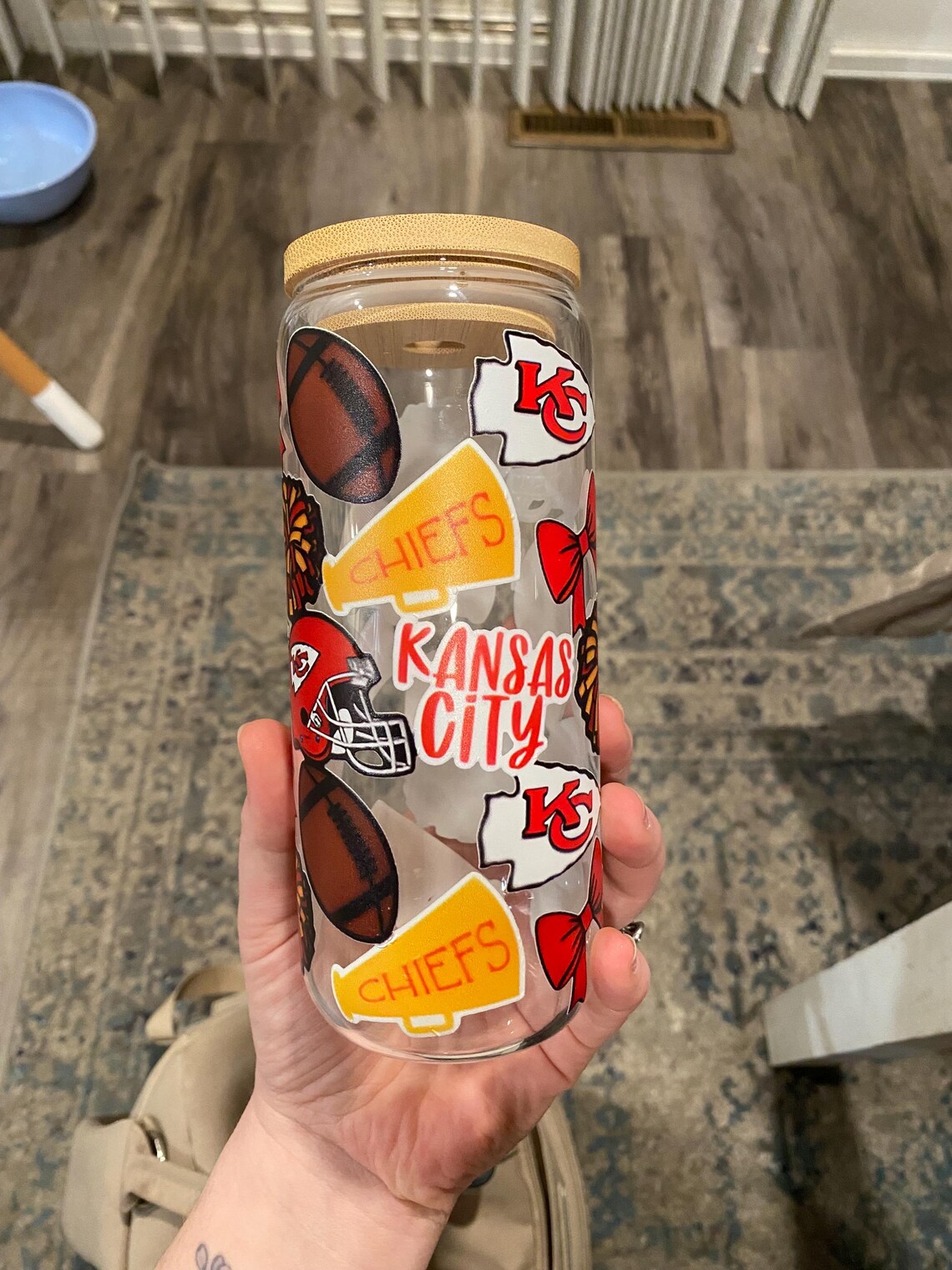 Kansas City Chiefs Iced Coffee Cup: 20 Oz Glass Can With Straw - Etsy