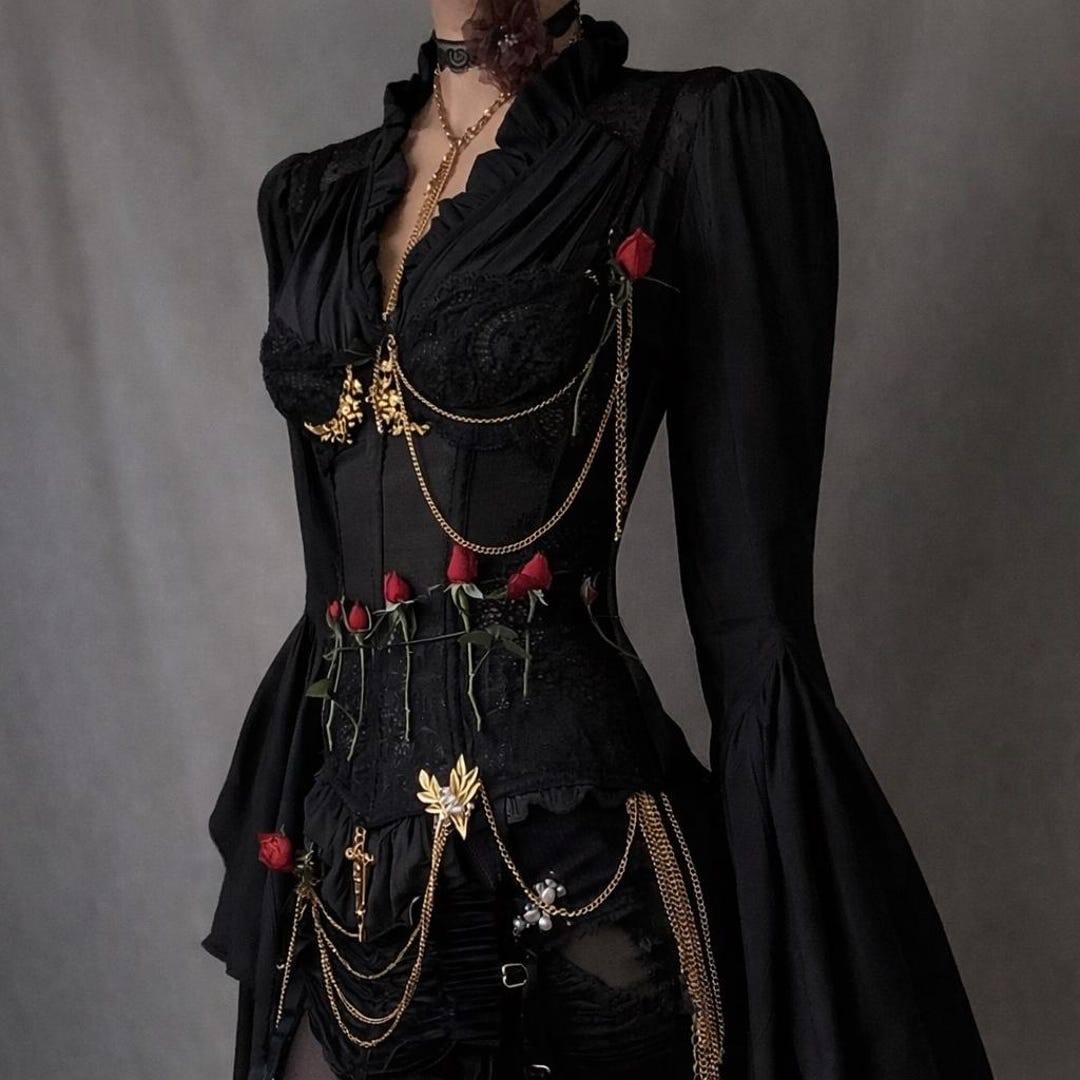 Black Gothic Long Sleeve Top With Cross Detail and Ruffled Sleeves ...