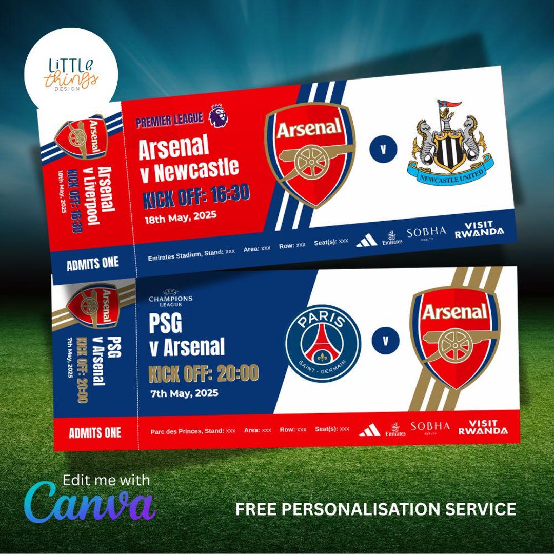 Arsenal Premier League Champions League Football Printable Ticket ...