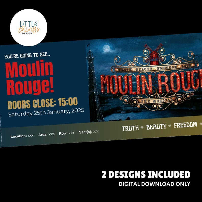 Plantilla de entrada imprimible para el musical de Broadway Moulin Rouge Surprise Descarga ...