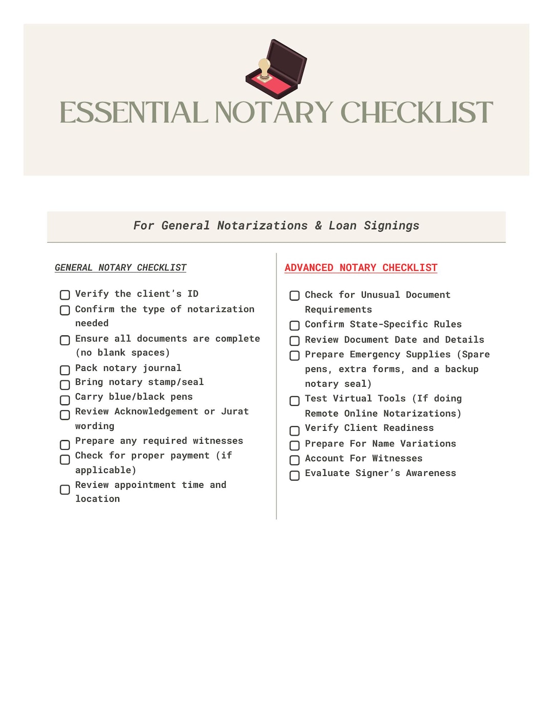 Essential Notary Checklist - Etsy