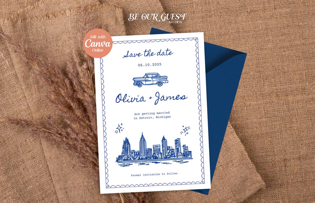 Detroit Skyline Wedding Invitation: Hand-drawn Save the Date (canva ...