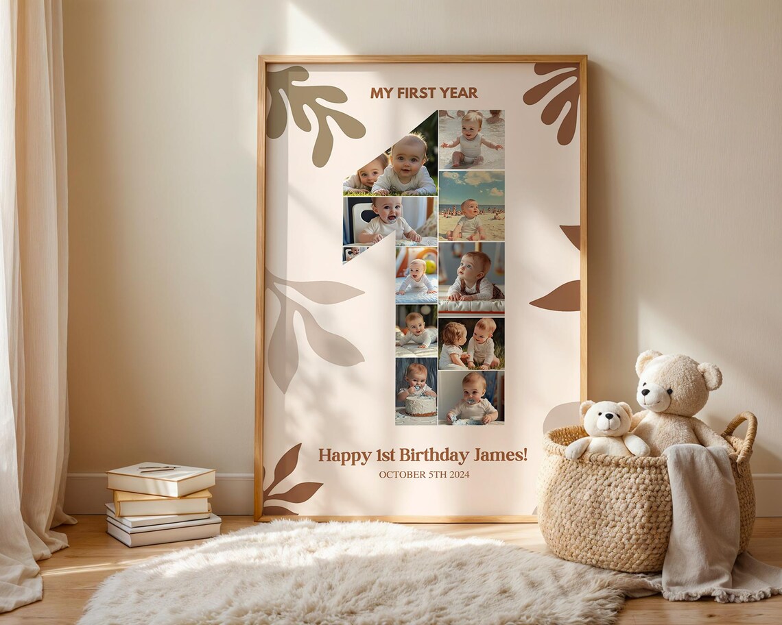 First Birthday Photo Collage: Number 1 Milestone, Canva Template ...