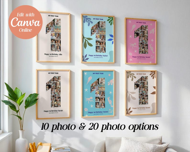 First Birthday Photo Collage: Number 1 Milestone, Canva Template ...