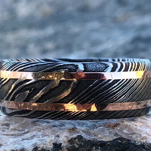 New 6mm Black Damascus Steel Ring With 14k Solid Rose Gold - Etsy