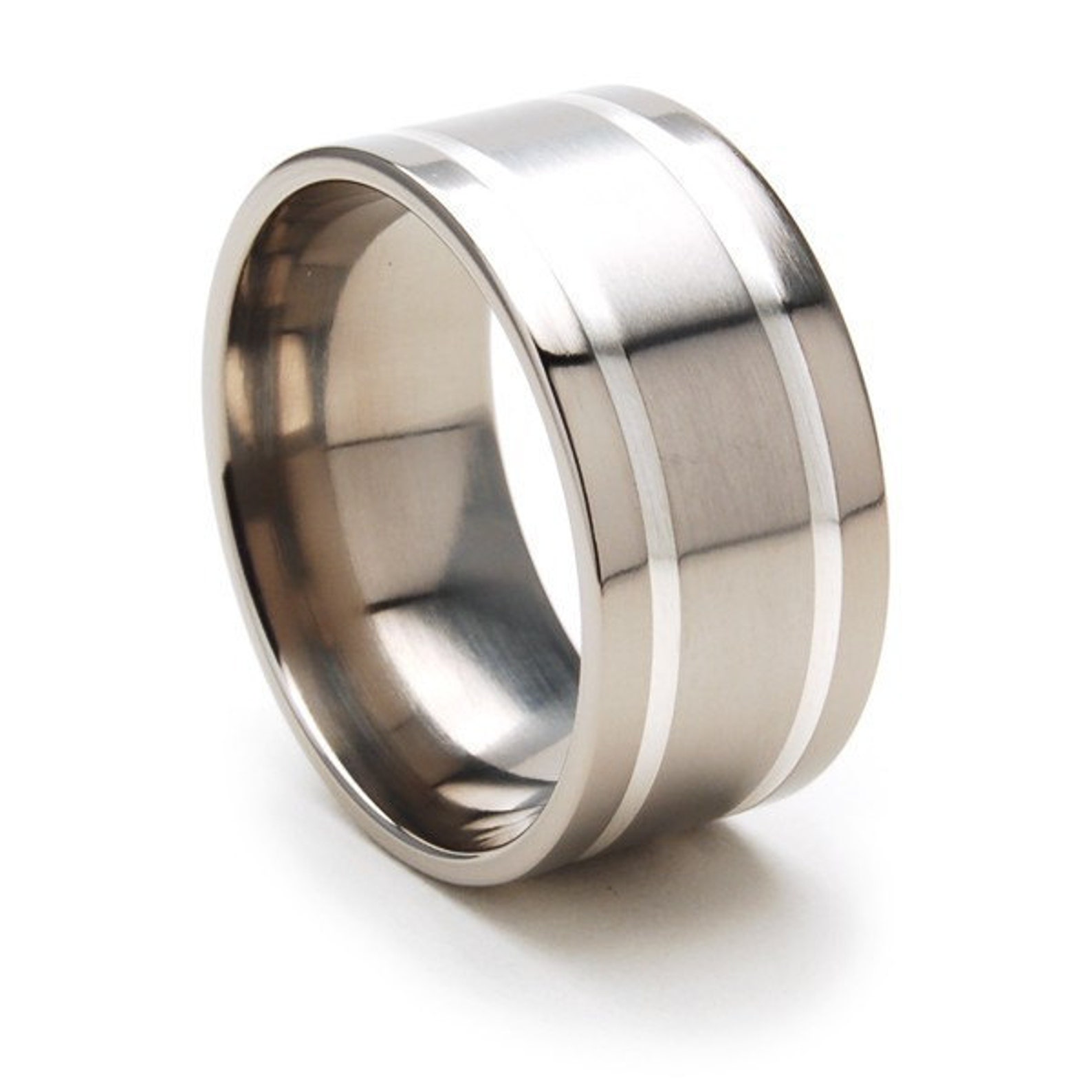 New 11mm Titanium Ring Sterling Silver Inlay Band Modern - Etsy