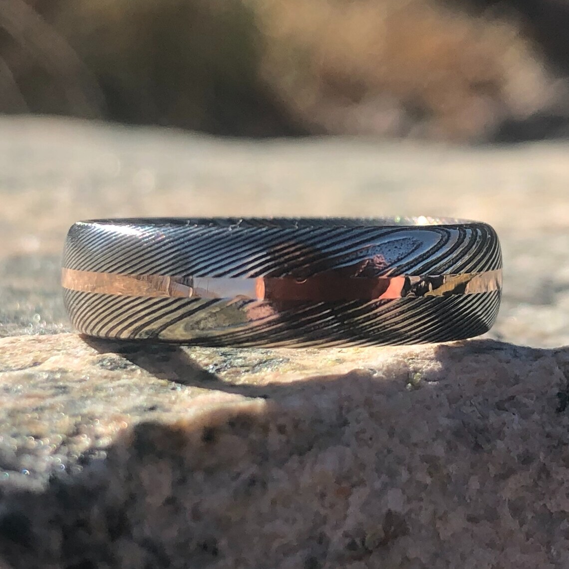 New 6mm Black Damascus Steel Ring With 14k Solid Rose Gold - Etsy