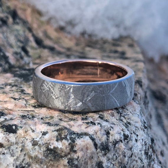 Meteorite Ring With 14k Rose Gold Sleeve 6mm Wedding Band Custom Made Meteorite Wedding Rings Etsy