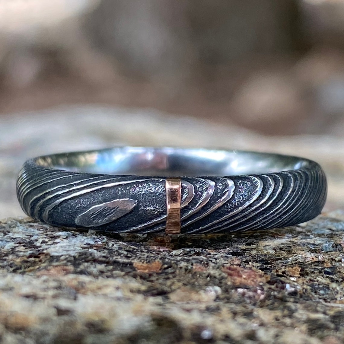 Damascus Ring 14k Rose Gold Inlay Damascus Steel Wedding Band - Etsy