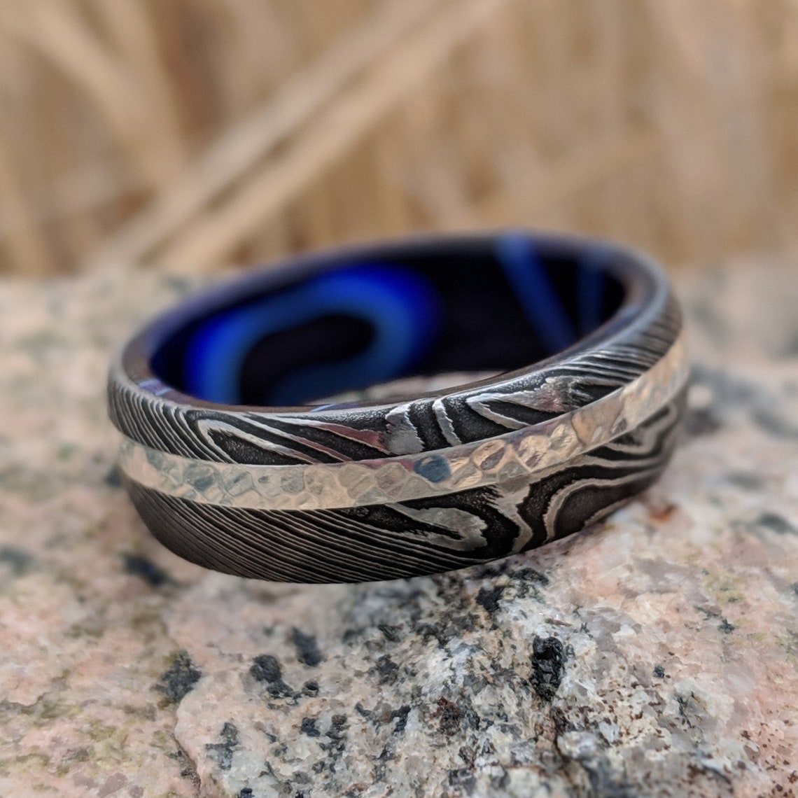 Damascus Steel Ring 14k White Gold Wedding Band With Inside - Etsy India