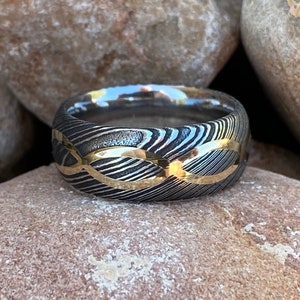 Damascus Ring 14k Yellow Gold Inlay Damascus Steel Wedding Band ...