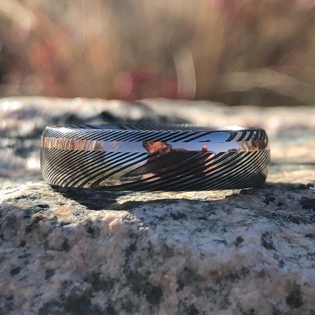 New 6mm Black Damascus Steel Ring With 14k Solid Rose Gold Inlay - Etsy