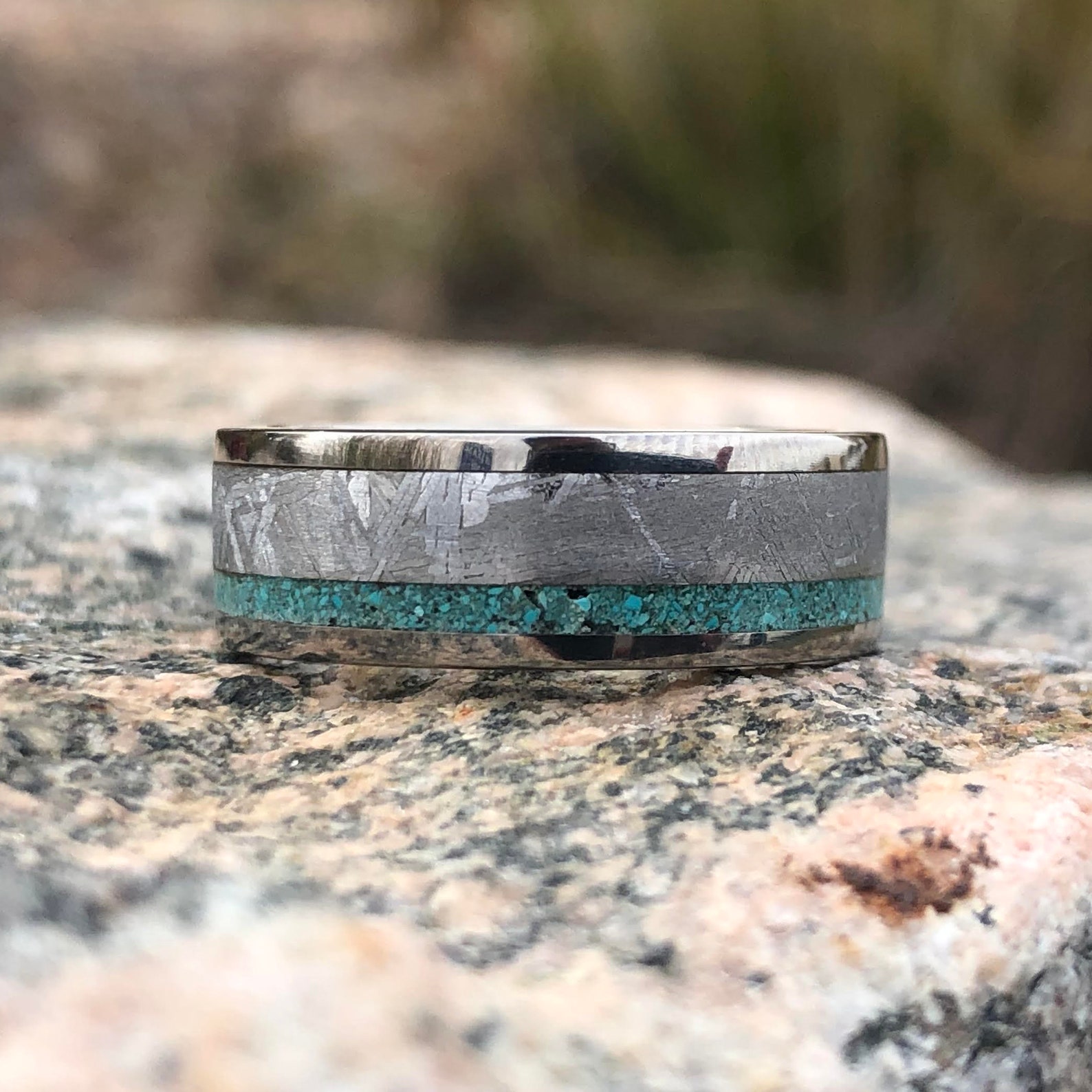 7mm Gibeon Meteorite Off-center Turquoise Inlay Ring - Etsy