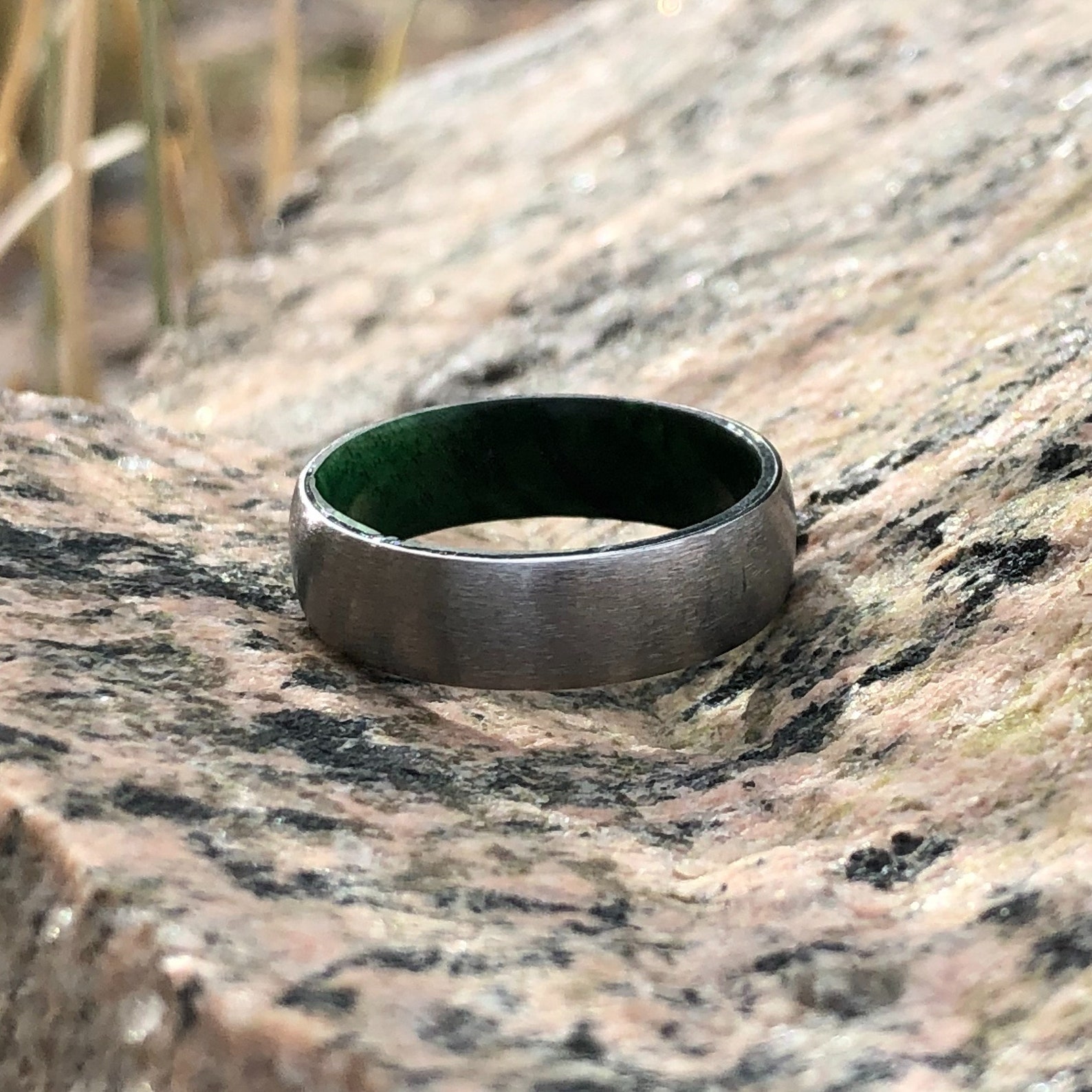 Titanium Stone Finish Band With Green Burl Wood Sleeve - 6mm Wide Rings ...