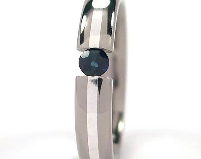 New 4mm Titanium Tension Set Ring W/ Silver Inlay, Sapphire Bands ...