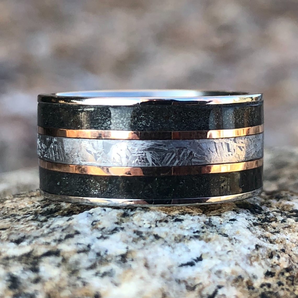 Meteorite Ring Gibeon Meteorite Wedding Band W/ Stardust, Center Inlay ...