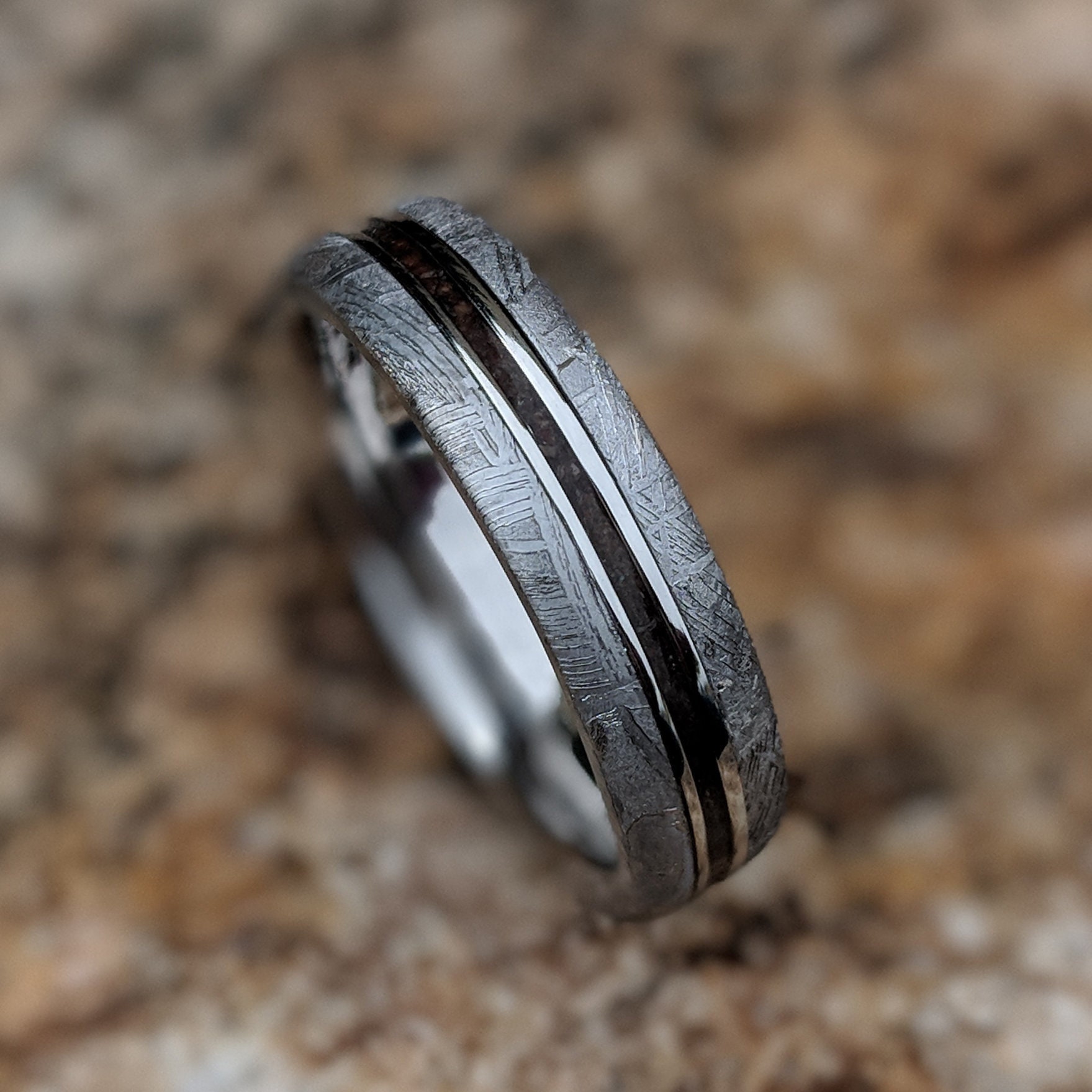 5mm Dinosaur Bone and Gibeon Meteorite Ring, Custom Made Meteorite ...