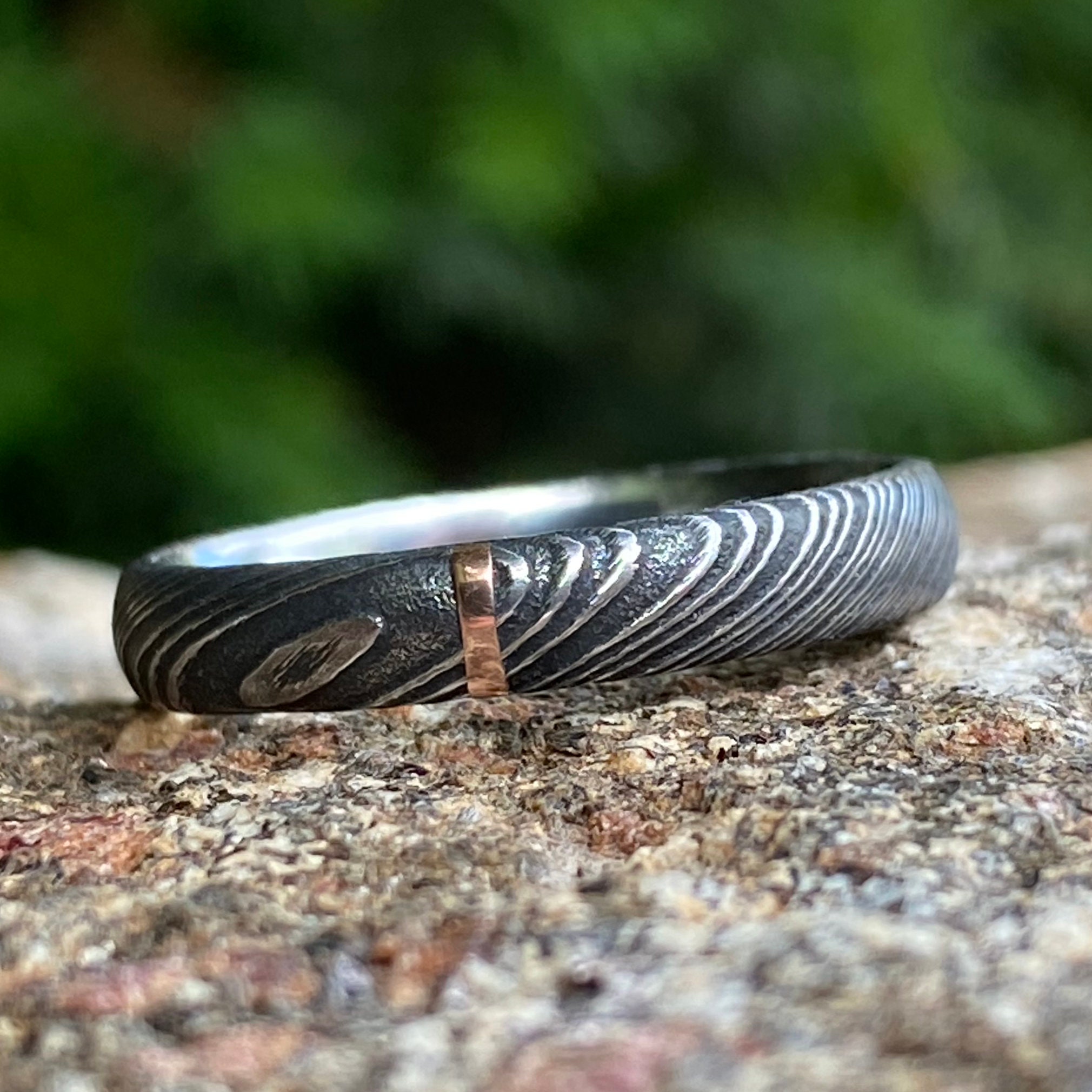 Damascus Ring 14k Rose Gold Inlay Damascus Steel Wedding Band - Etsy