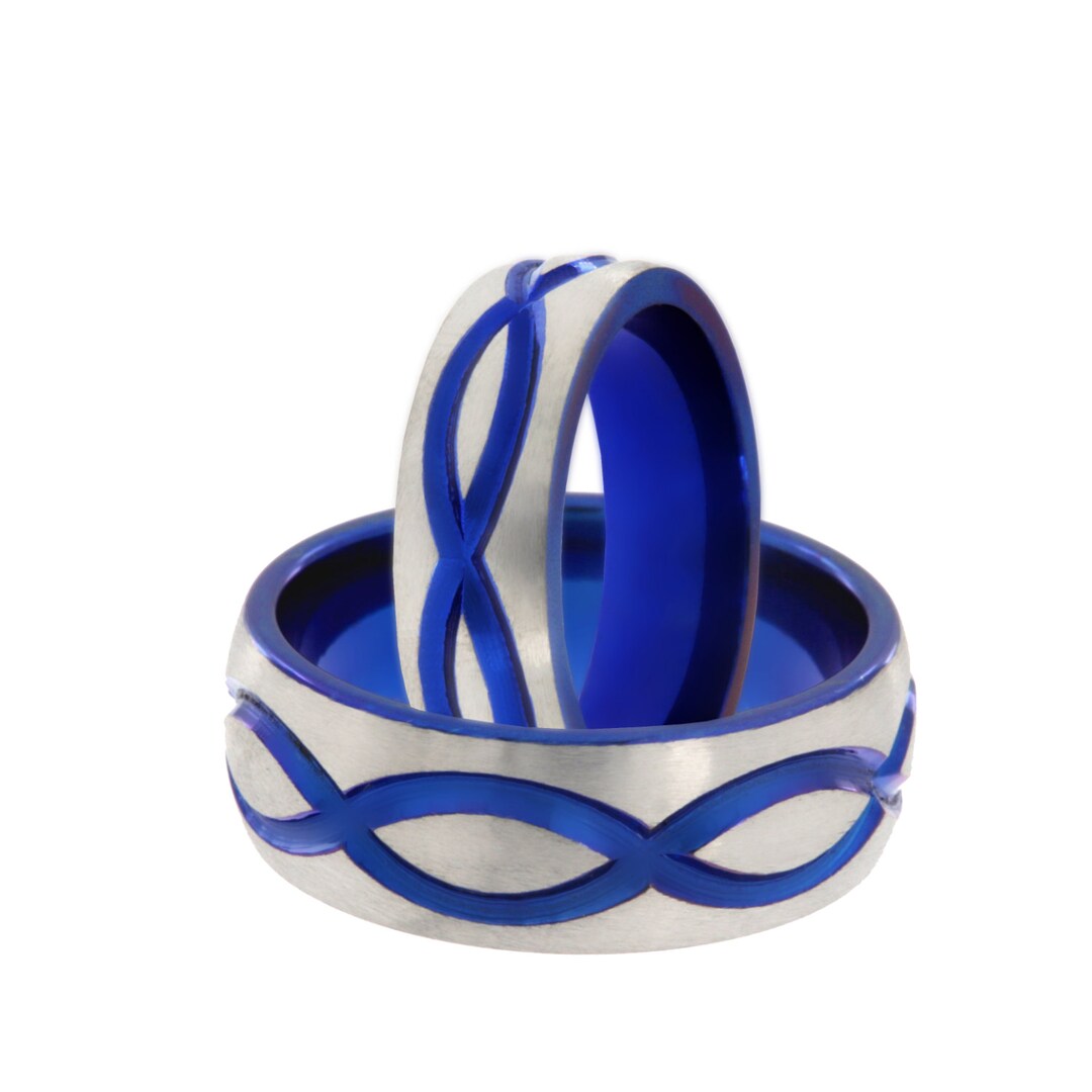 Titanium Infinity Ring Set, Carved Blue Design, Matching His and Hers ...