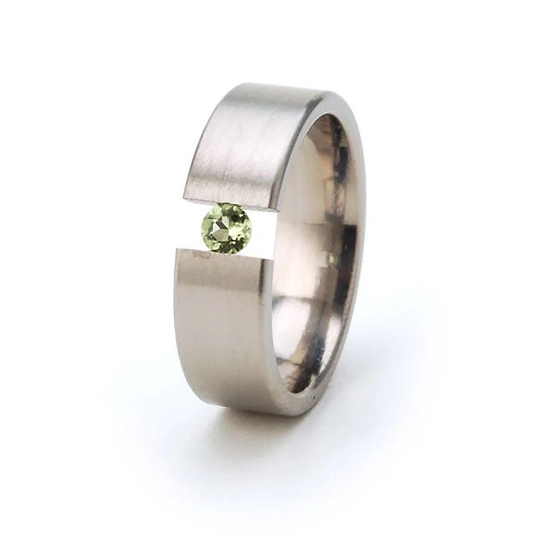 Handmade Titanium Tension Ring, 6mm Brushed Band With Peridot Gemstone ...