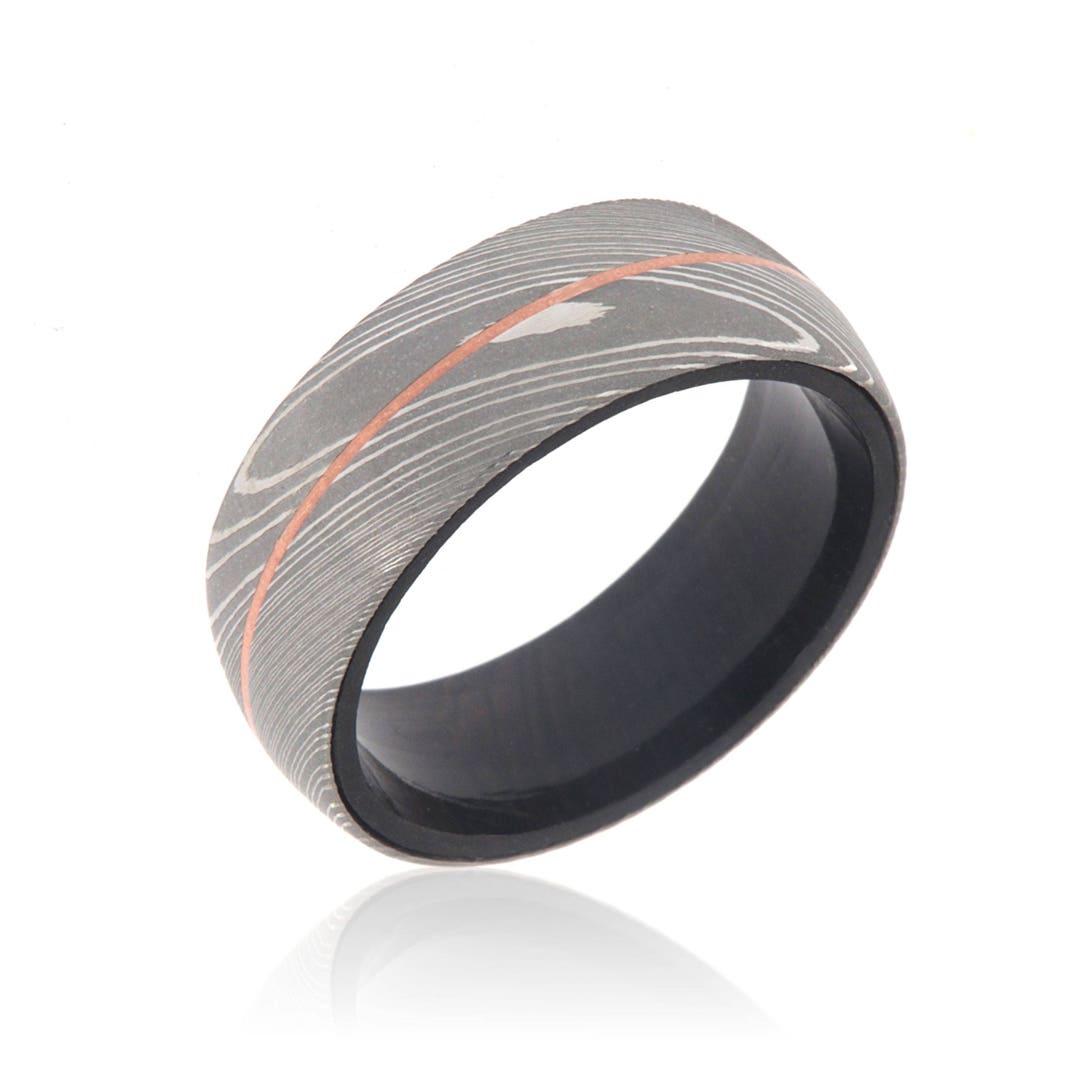 New 8mm Wide Damascus Steel Ring With African Black Wood Sleeve and ...