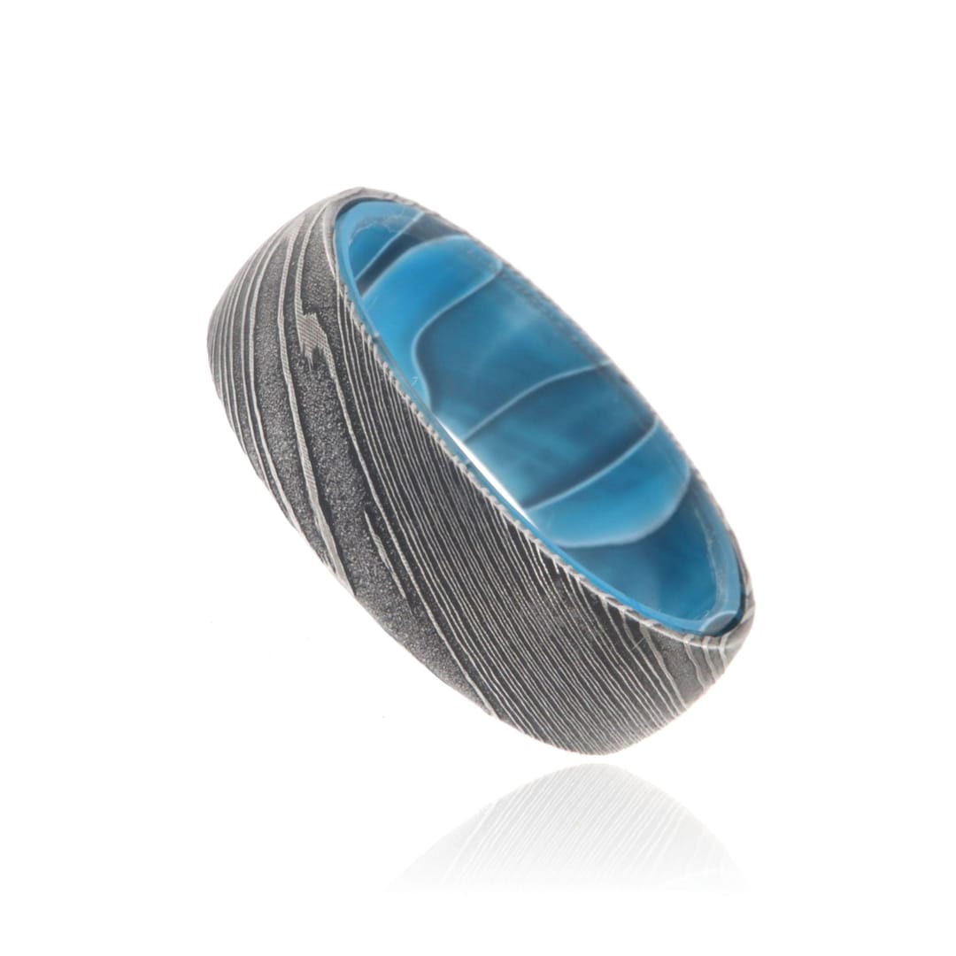 New 7mm Wide Damascus Steel Ring With a Blue Ocean Sleeve - Ds-7hr ...