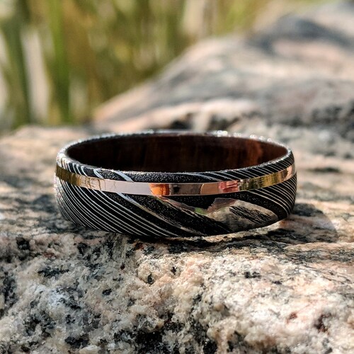 New 6mm Black Damascus Steel Ring With 14k Solid Rose Gold - Etsy