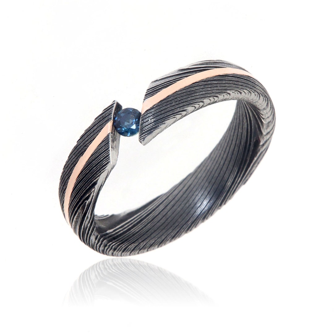 Damascus Steel Wedding Ring Blue Sapphire Bypass Bands 14k Rose Gold ...