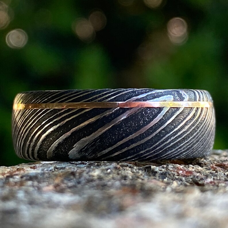 Damascus Ring 14k Gold Inlay Damascus Steel Wedding Band - Etsy