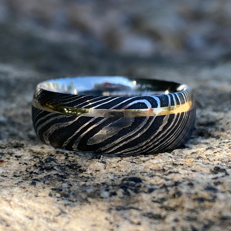 Damascus Ring 14k Yellow Gold Inlay Damascus Steel Wedding - Etsy