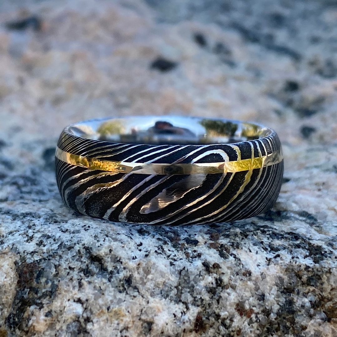 Damascus Ring 14k Yellow Gold Inlay Damascus Steel Wedding Band Etsy