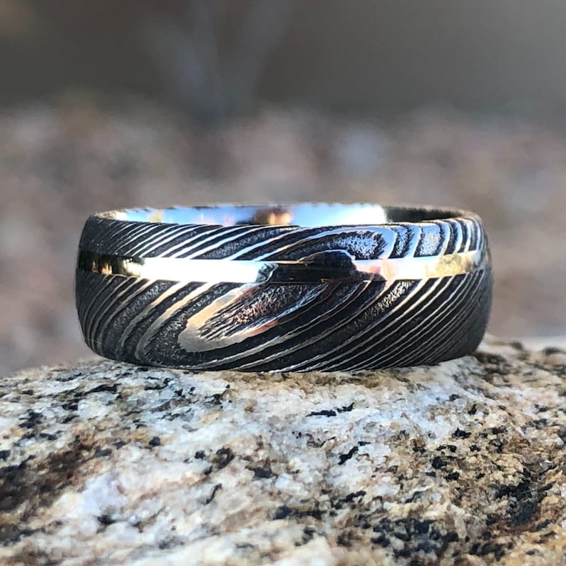 Damascus Ring 14k White Gold Inlay Damascus Steel Wedding Band | Etsy