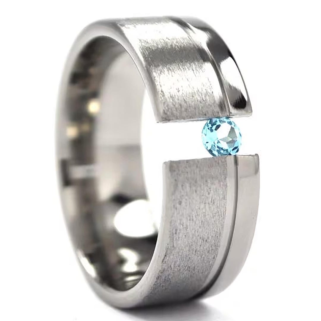 Titanium Tension Set Ring, 7mm Two-tone Comfort Fit Band With Gemstone ...
