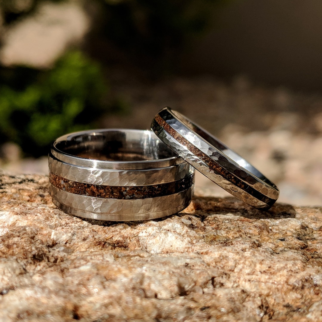Titanium T-rex Fossil Ring Set: Hammered Dinosaur Bone Inlay - Etsy